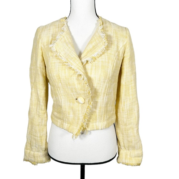 CAbi | Jackets & Coats | Cabi Light Fringe Hem Yellow Tweed Jacket ...